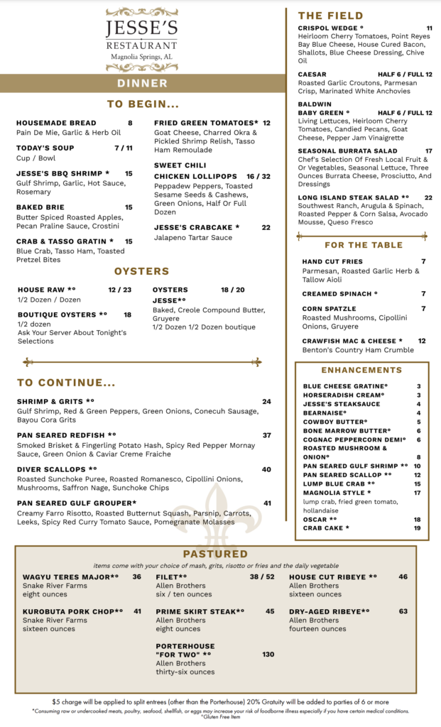 Magnolia Springs – Dinner - Jesse's Restaurant